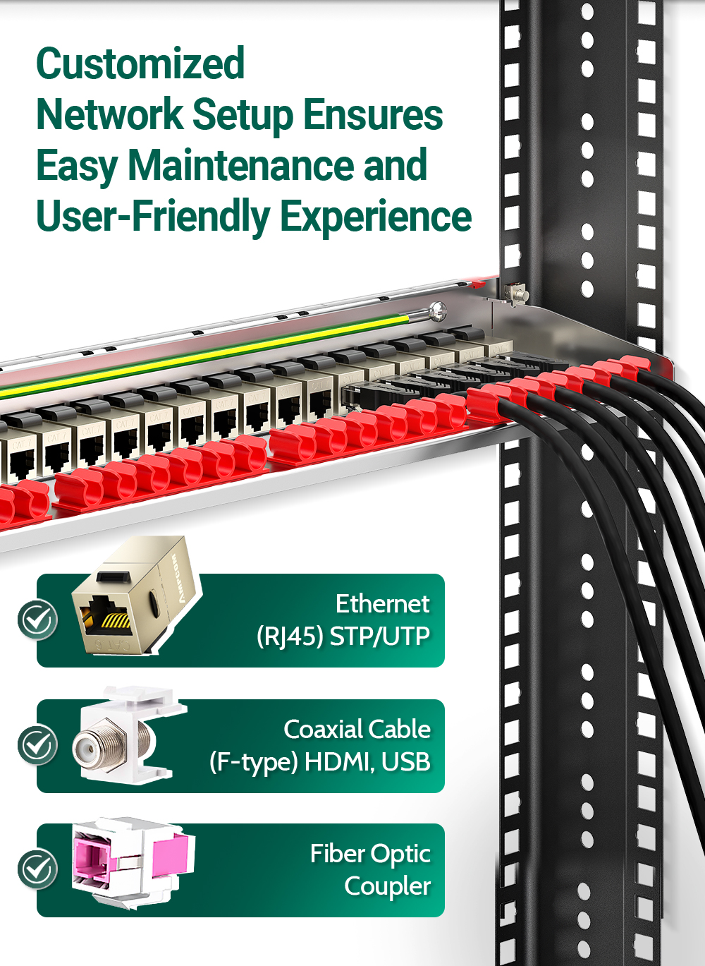 AMPCOM 1U 24-Port STP Keystone Patch Panel,Rack-Mounted with Rear Cable ...