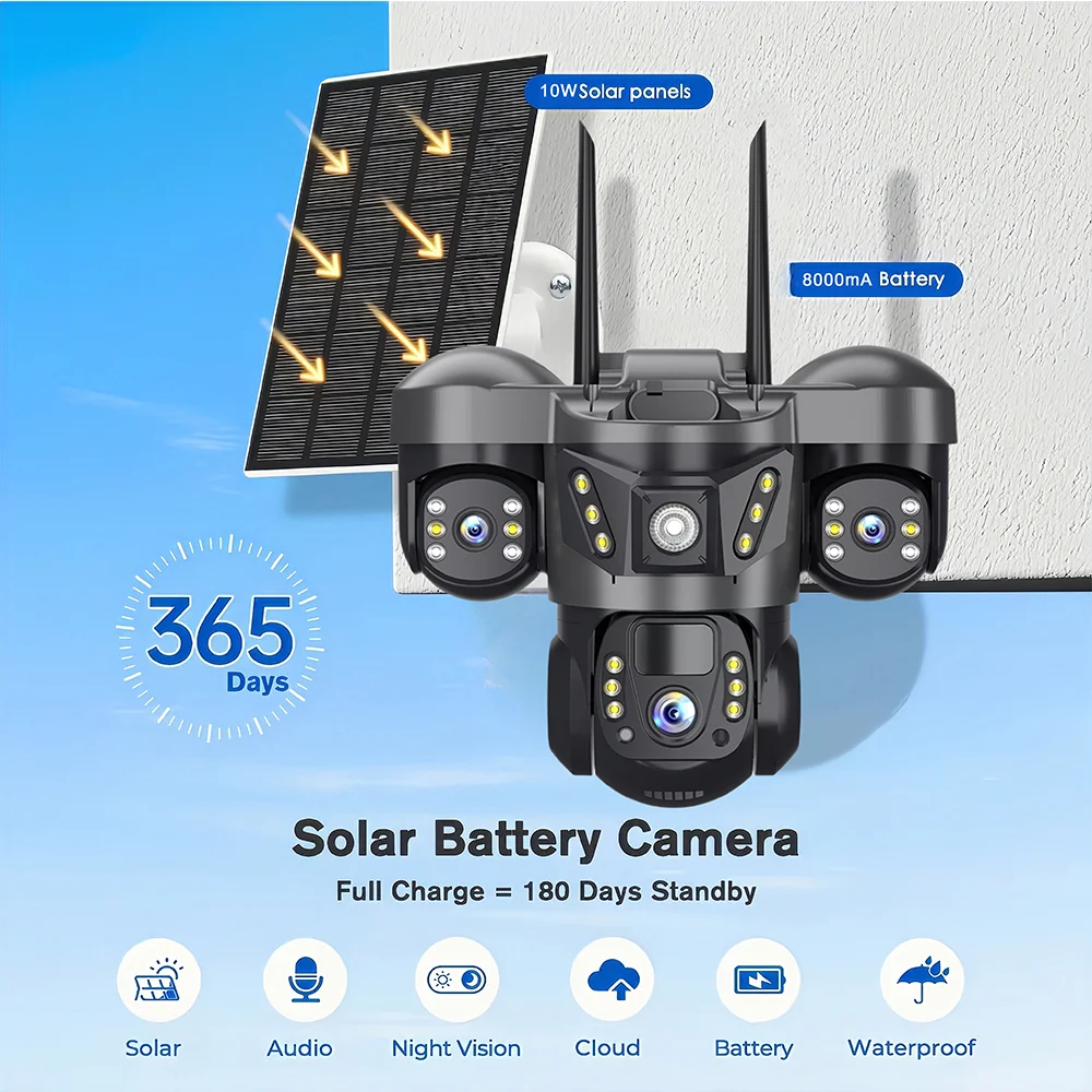 Solar Camera 4G Sim Card 15MP Outdoor 3 Lens 3 Screen PIR Human Detect ...