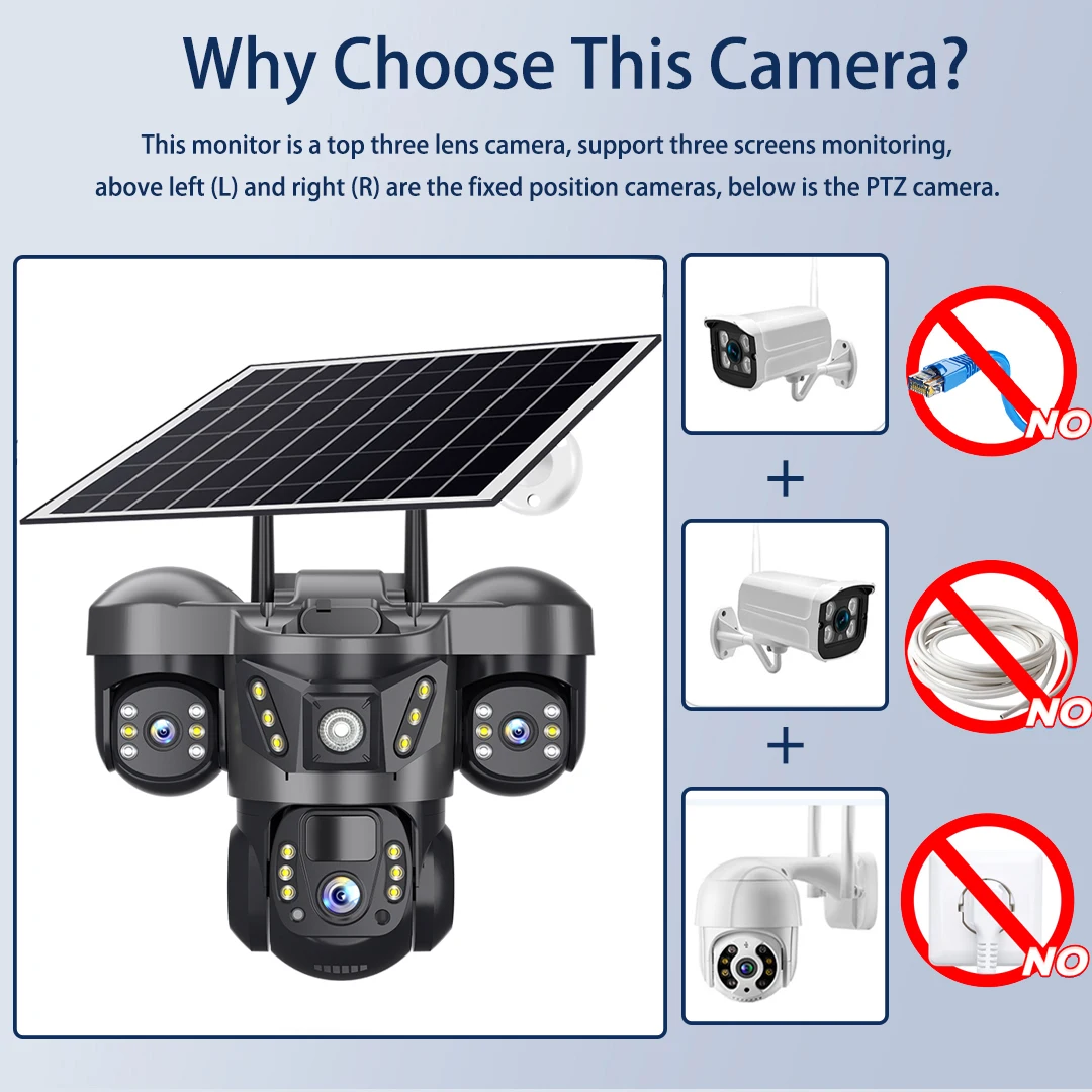 Solar Camera 4G Sim Card 15MP Outdoor 3 Lens 3 Screen PIR Human Detect ...