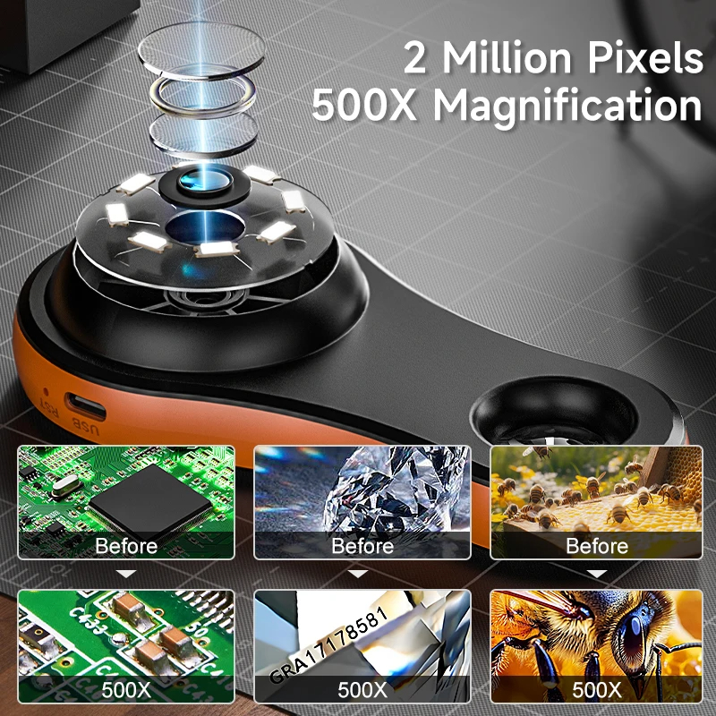 2.0'' IPS Digital Magnifier HD 1080P 500X Portable Microscope Handheld ...