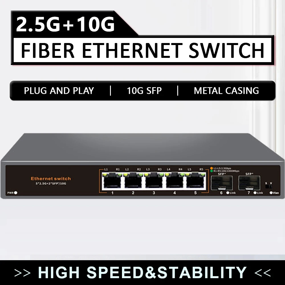 5 Ports 2.5G Ethernet Switch 2.5G RJ45 Gigabit Switch with 2*10G SFP ...