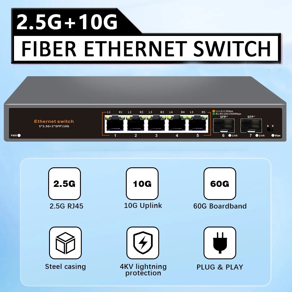 5 Ports 2.5G Ethernet Switch 2.5G RJ45 Gigabit Switch with 2*10G SFP ...