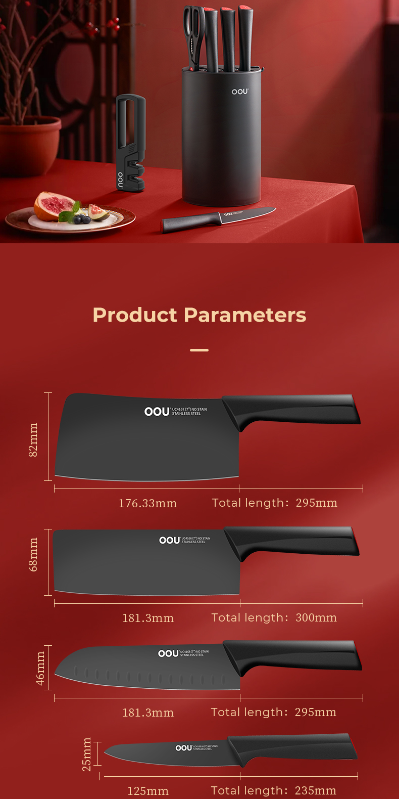 OOU Crane Series Kitchen Knife Set With Scissors & Sharpener Holder (7 ...