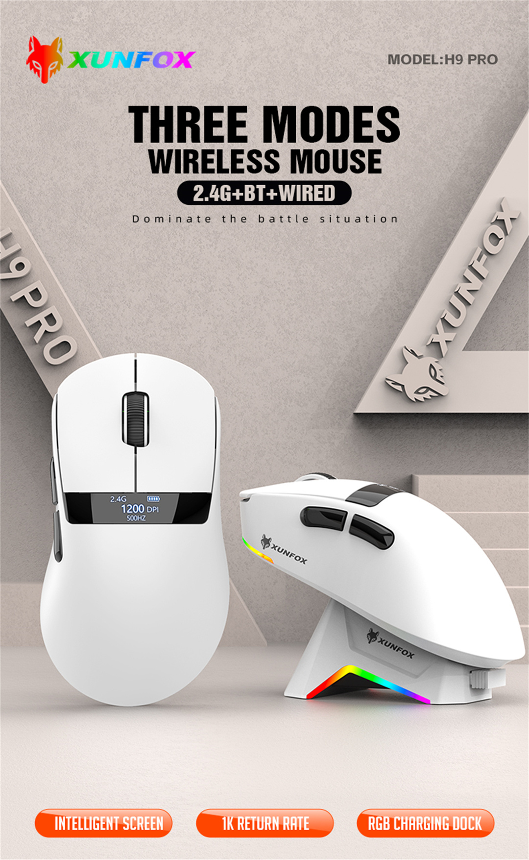 XUNFOX H9 Pro Triple-Mode Gaming Mouse: 2.4G/BT/Wired, 6 DPI Gears ...