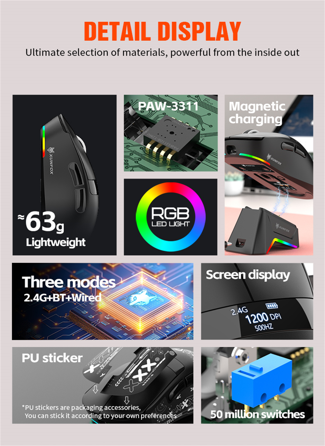 XUNFOX H9 Pro Triple-Mode Gaming Mouse: 2.4G/BT/Wired, 6 DPI Gears ...