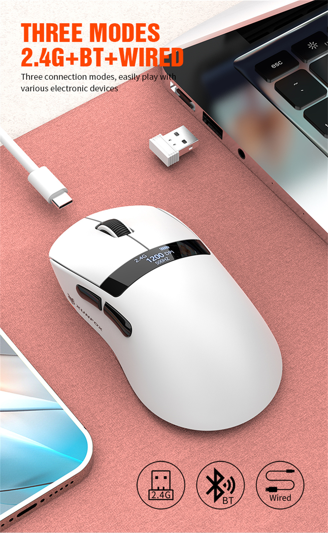 XUNFOX H9 Pro Triple-Mode Gaming Mouse: 2.4G/BT/Wired, 6 DPI Gears ...