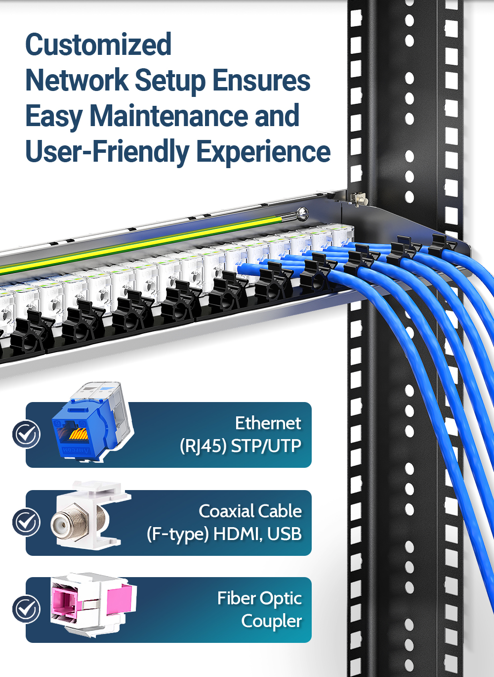 AMPCOM 1U 24-Port Keystone Patch Panel, UTP Rack-Mounted with Rear ...