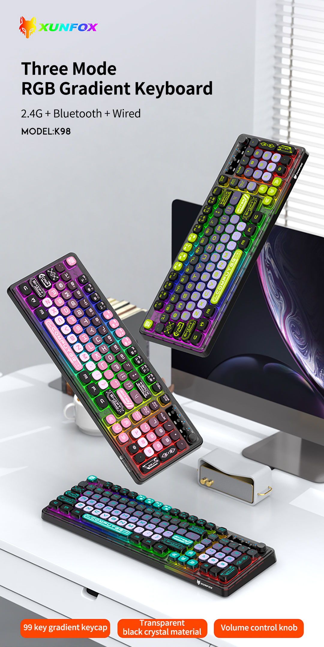 XUNFOX K98 Triple-Mode RGB Keyboard 2.4G+Bluetooth+Wired Connection 99 ...