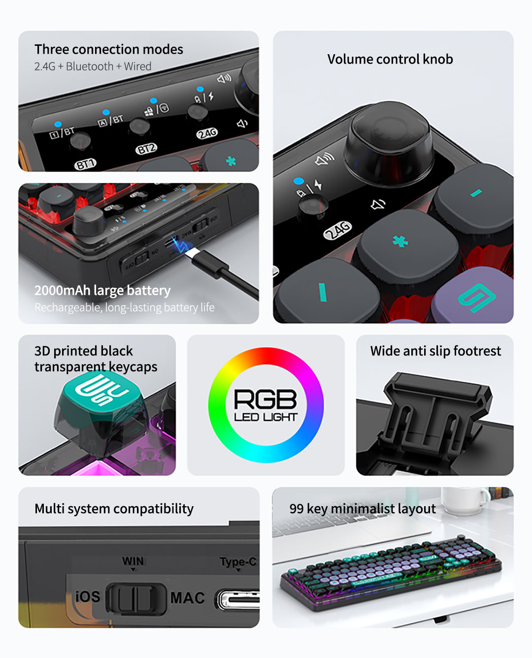 XUNFOX K98 RGB Mechanical Keyboard, 2.4G/Bluetooth/Wired, Type-C Fast ...