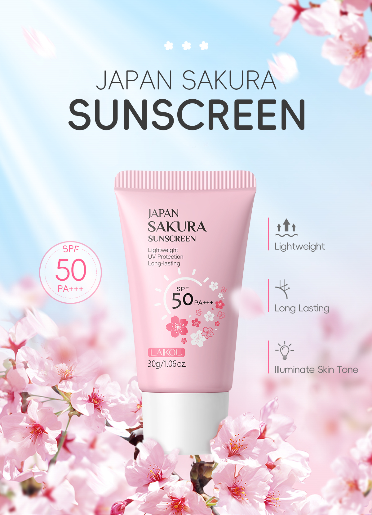 LAIKOU Japan Sakura Sunblock Face Sunscreen Lotion 30g*2Pcs SPF 50 PA ...
