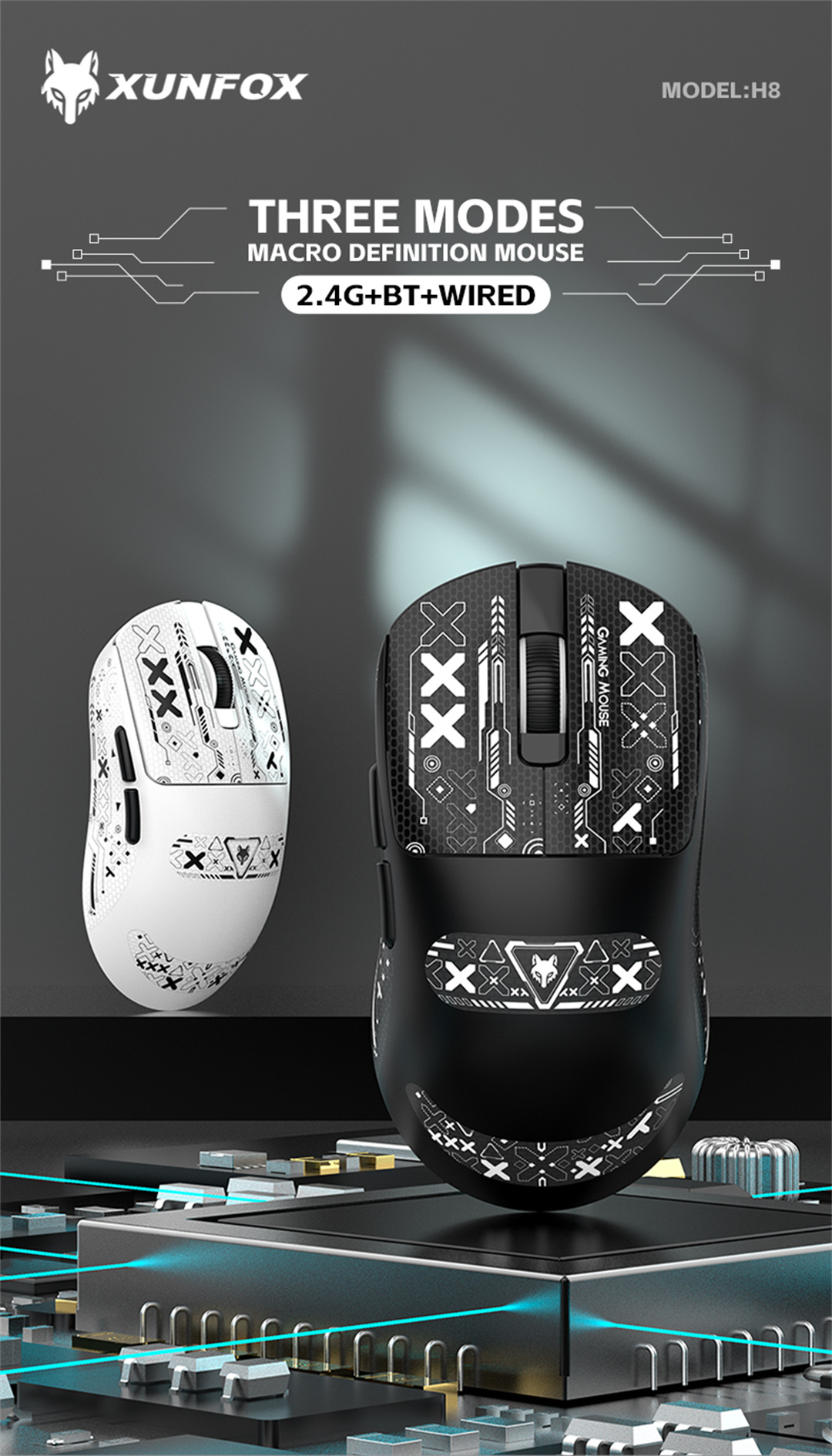 XUNFOX H8 Triple-Mode Gaming Mouse 2.4G+Bluetooth+Wired Connection ...
