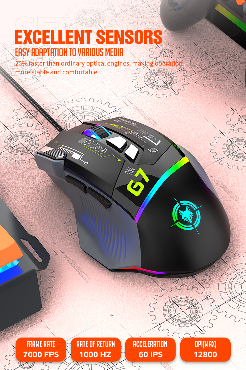 XUNFOX Gaming Mouse Wried 12800DPI Backlight 8 Button 6 DPI Macro ...