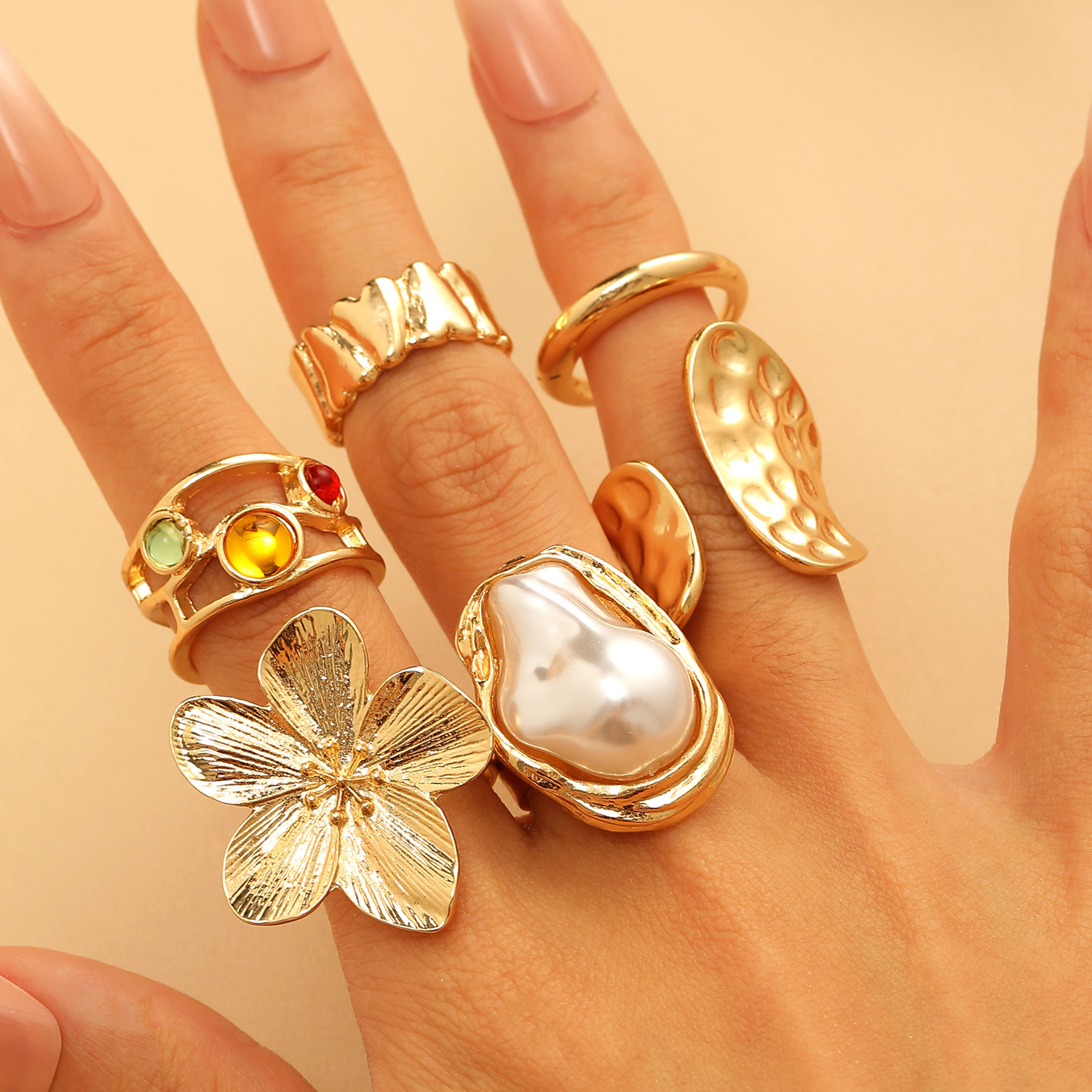 Set of 6 Liquid Lava Flower Rings - Adjustable Pearl Gold-Plated ...