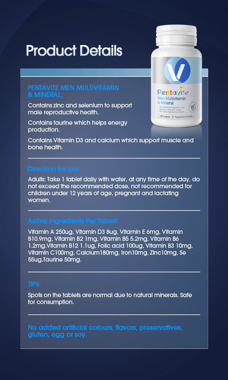 Pentavite Men Multivitamin 30 Tablets - 16-in-1 Formula! Taurine for ...