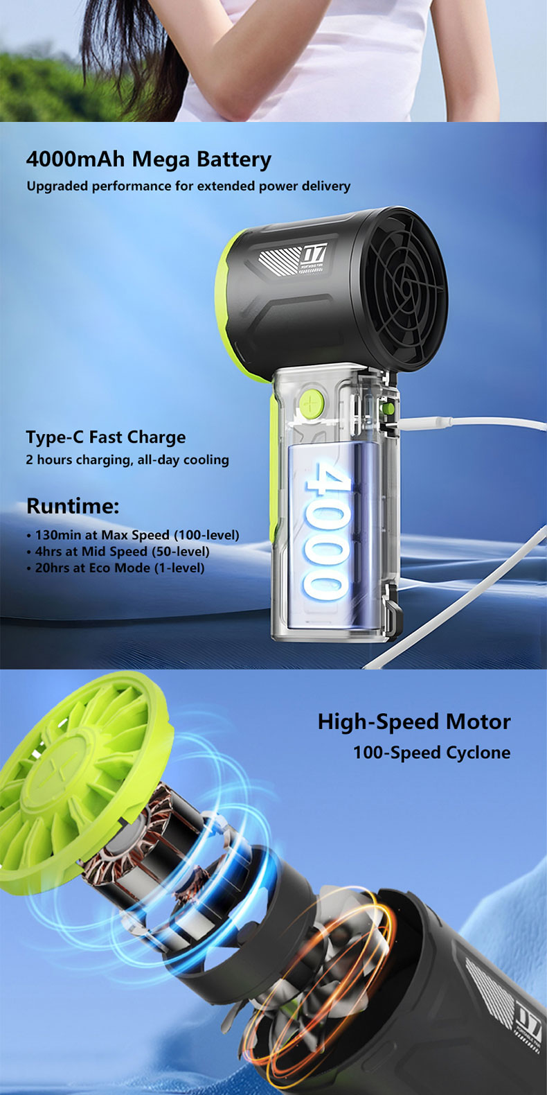 Gryno 4000mAh Mech Fan Portable Handheld Mini Fan USB Rechargeable 1 ...
