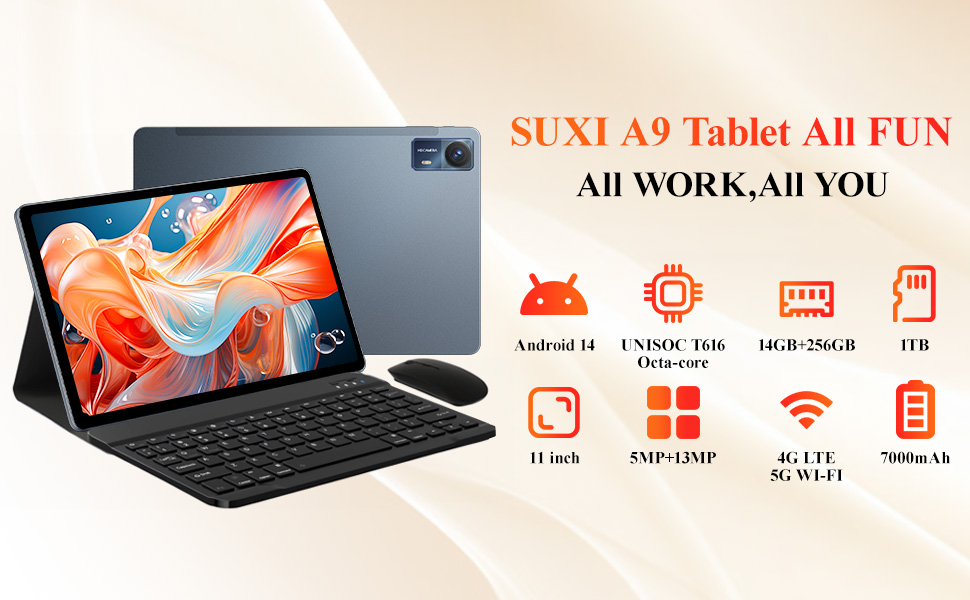 SUXI A9 XPro 14GB+256GB Official Android 14.0 Tablet 11-inch IPS Screen ...