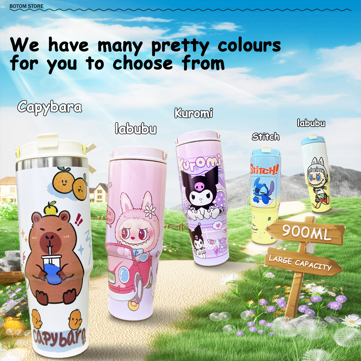 BOTOM 900ML Capybara Tumbler With Straw 304 Stainless Steel Cute Botol ...