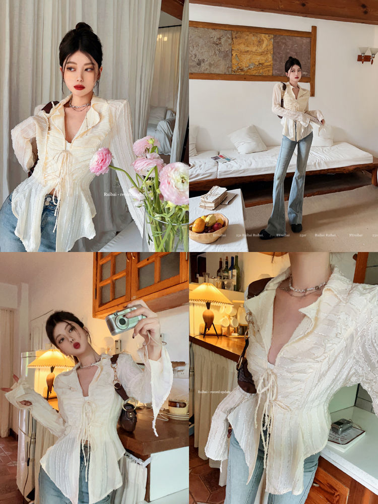 Korean style women ladies loose chiffon ruffle irregular lace-up long ...