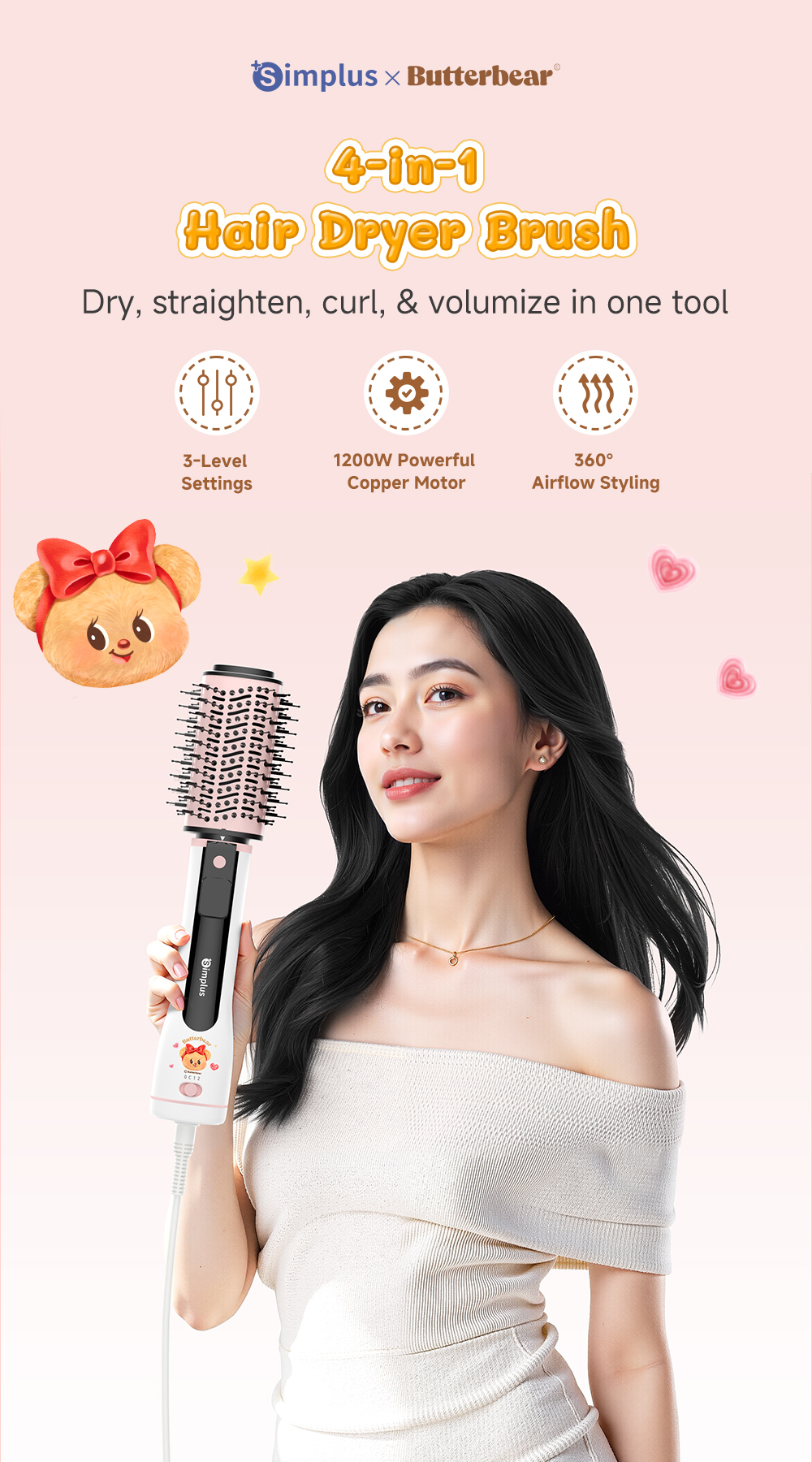 Simplus x Butterbear 4 In 1 Hot Air Brush丨Curly Straight Dual-Use丨Fluffy Styling丨360 rotation丨 ...