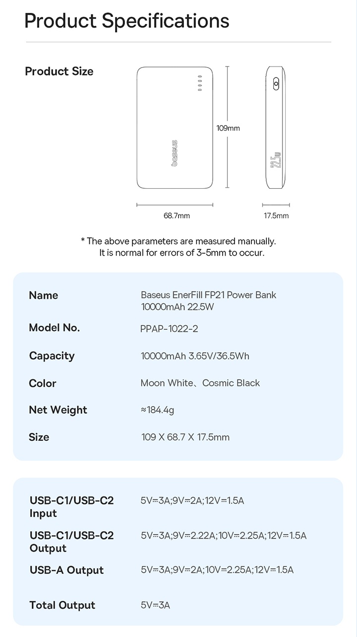Baseus EnerFill FP21 Power Bank 10000mAh 22.5W Fast Charging Compatible for Phones Tablets ...