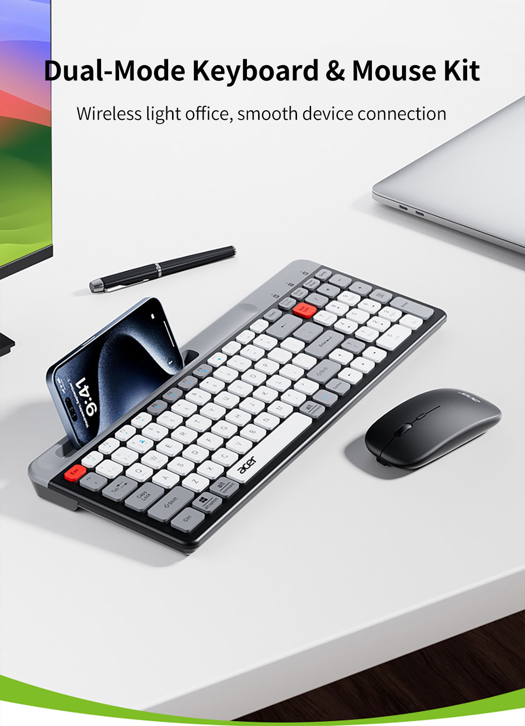 Acer Wireless Keyboard Mouse Set OKR215 Dual Mode + Device Stand Office ...