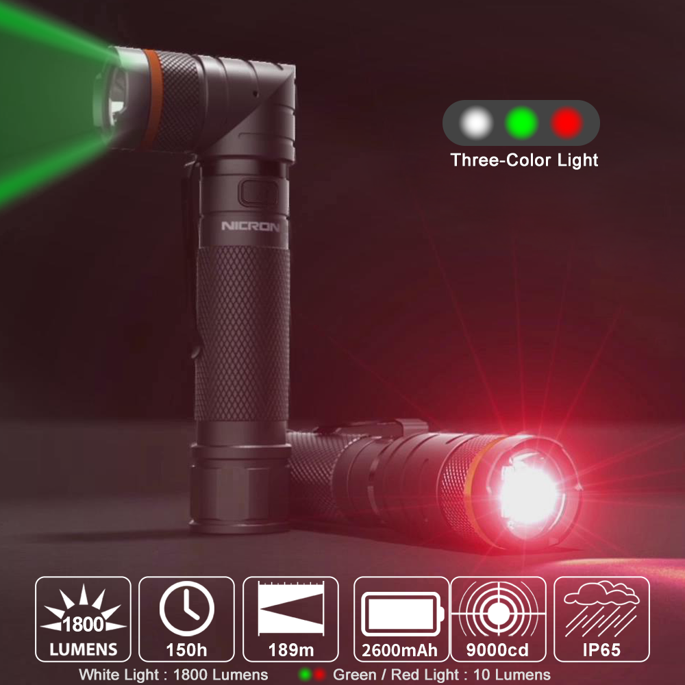 NICRON B70 Magnet 90° Twist Rechargeable Flashlight Handfree 1800lumen ...