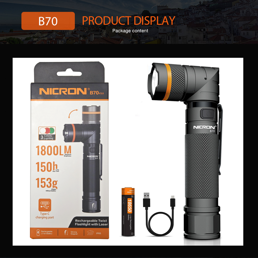 NICRON B70 Magnet 90° Twist Rechargeable Flashlight Handfree 1800lumen ...