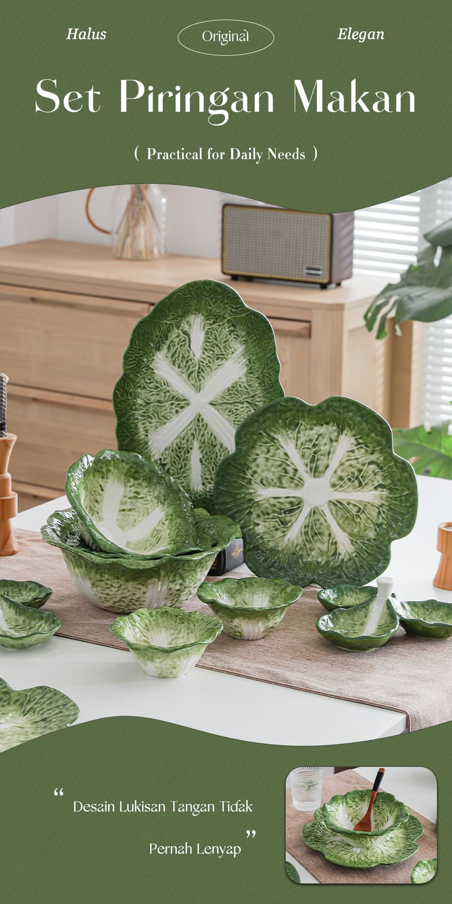 Cabbage Plate Hand-painted ceramic cutlery Green vegetable series salad ...