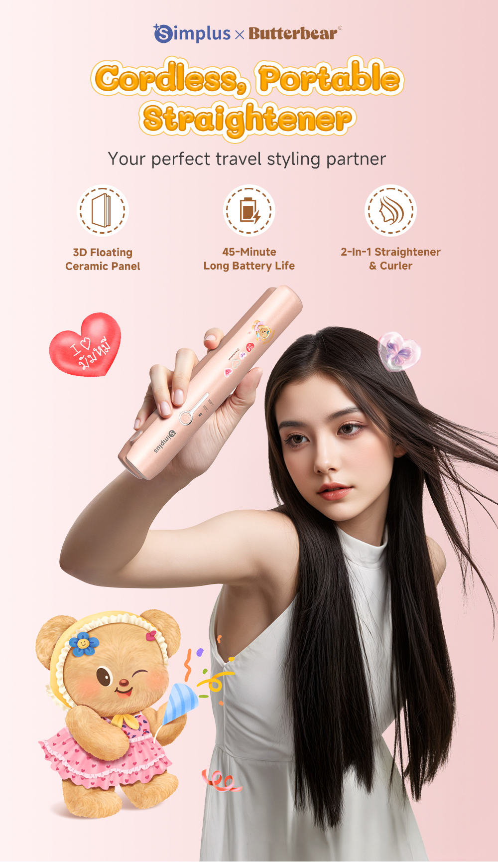Simplus x ButterBear 2 In 1 Hair Straight&Curl丨Cordless Rechargeable丨 ...