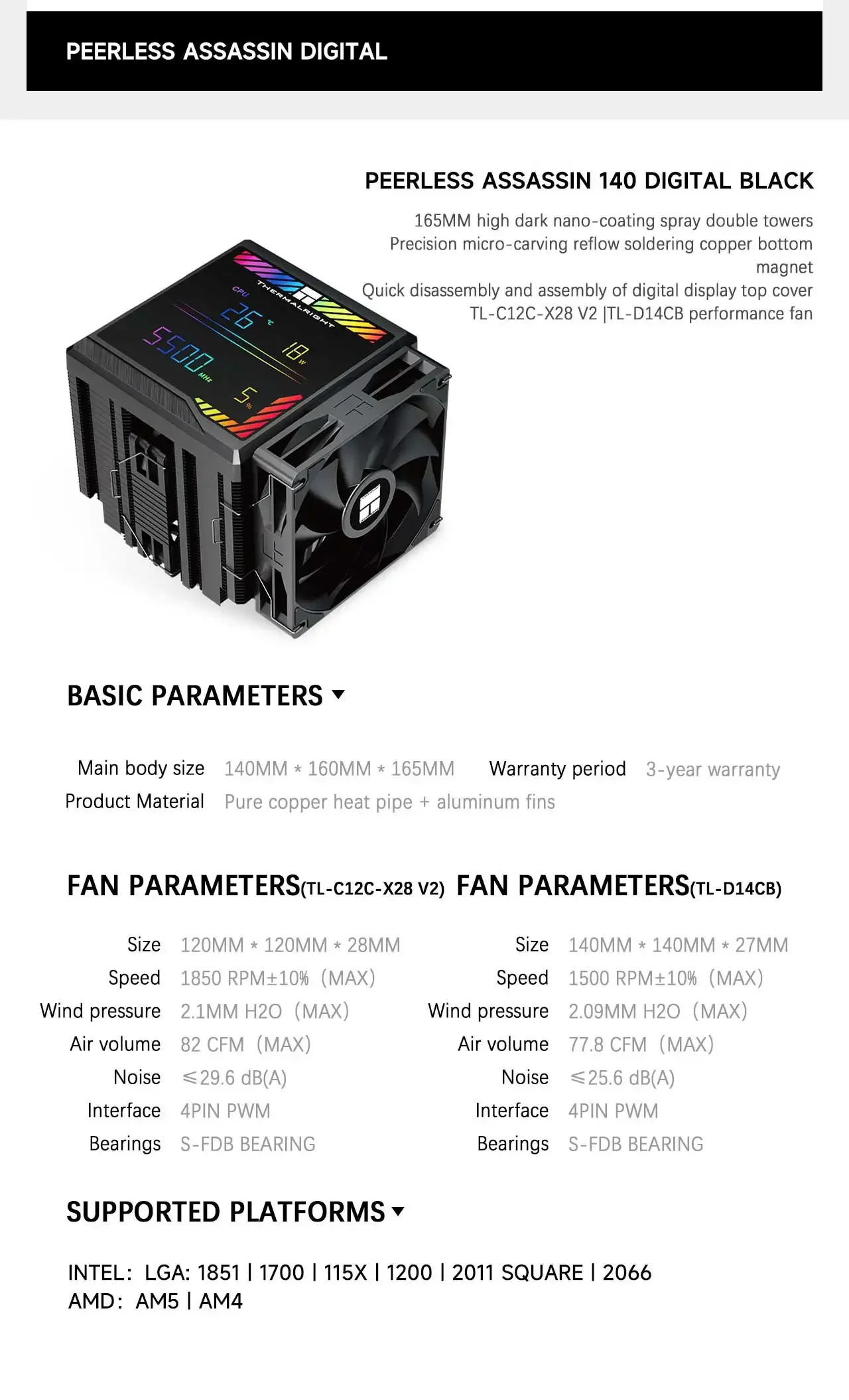 Thermalright PA140 Digital CPU Air Cooler LCD Display 6 heat pipe Dual ...