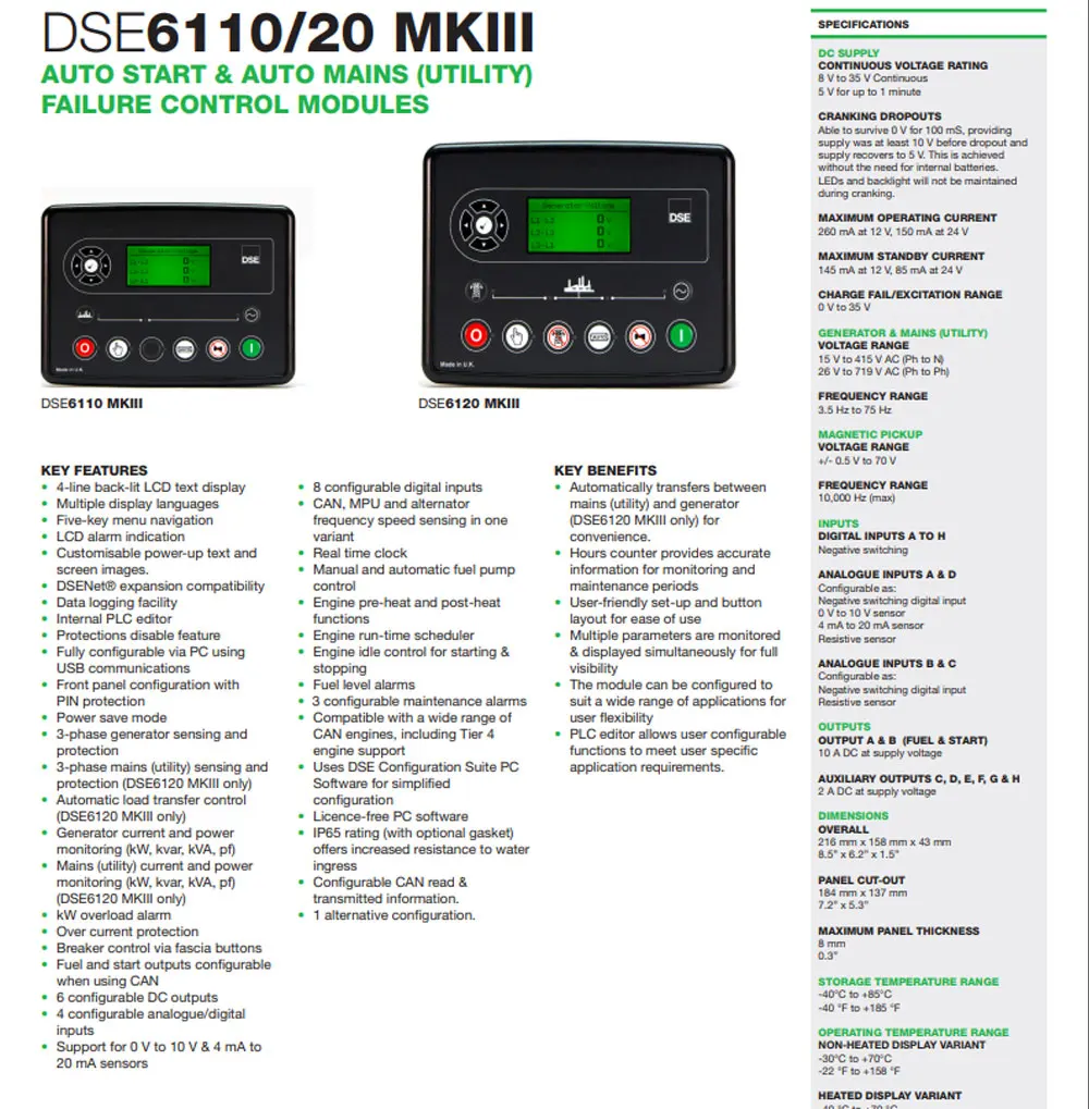 Deepsea DSE6120 MKII Deep Sea Auto Stop Generator Controller Panel ...
