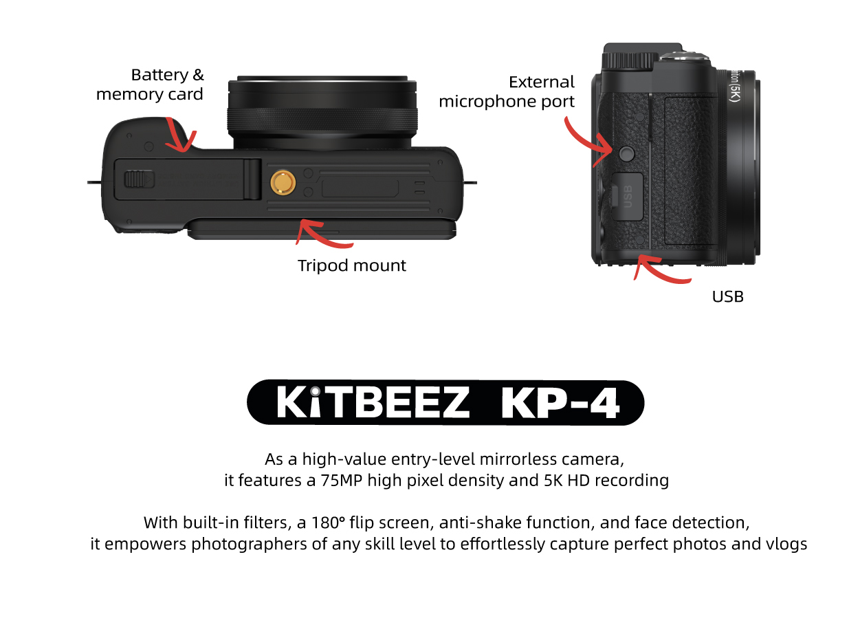KiTBEEZ KP-4 5K WiFi Digital Camera 75MP 18X Zoom Autofocus Pop-Up ...