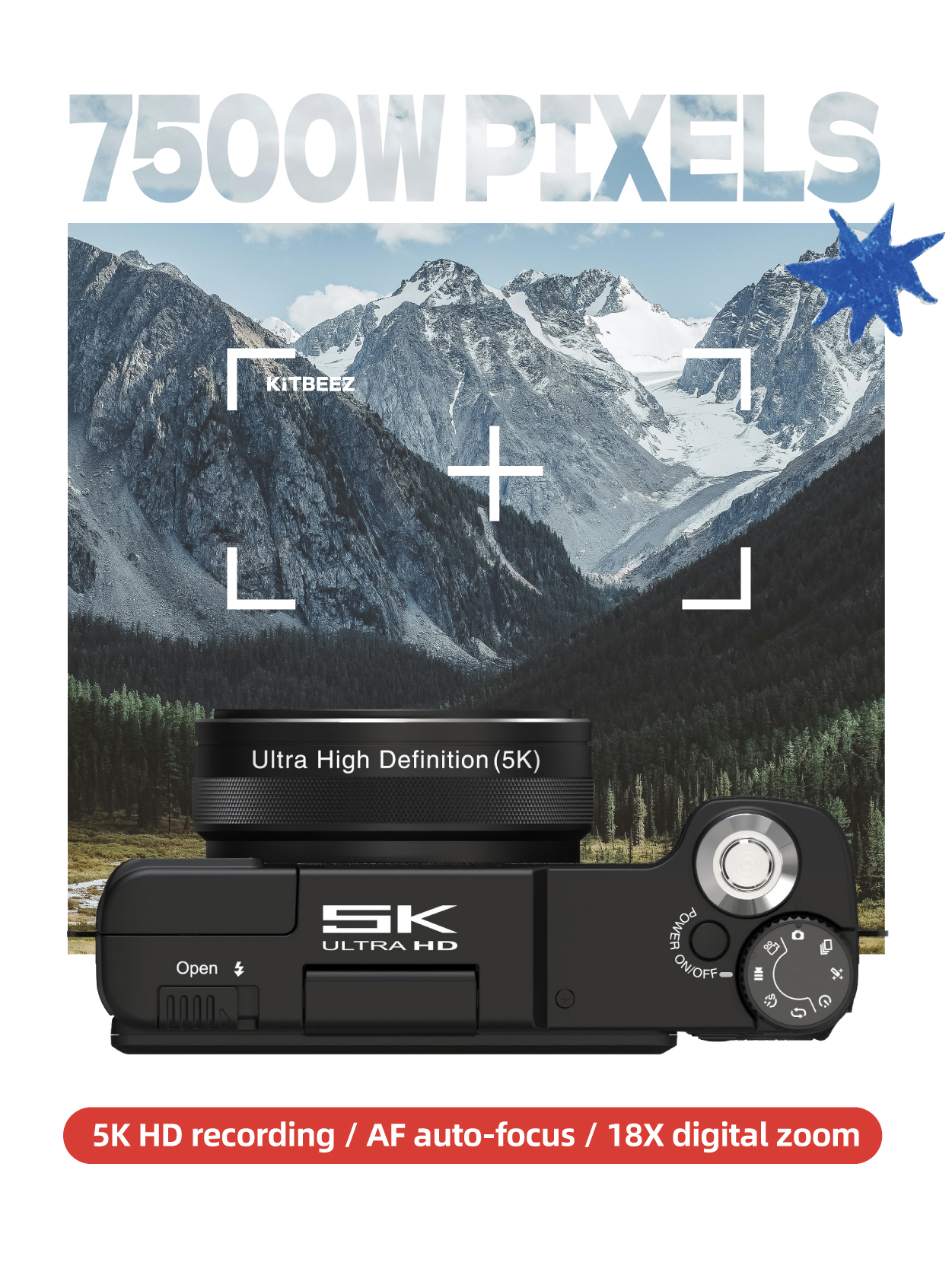 KiTBEEZ KP-4 5K WiFi Digital Camera 75MP 18X Zoom Autofocus Pop-Up ...