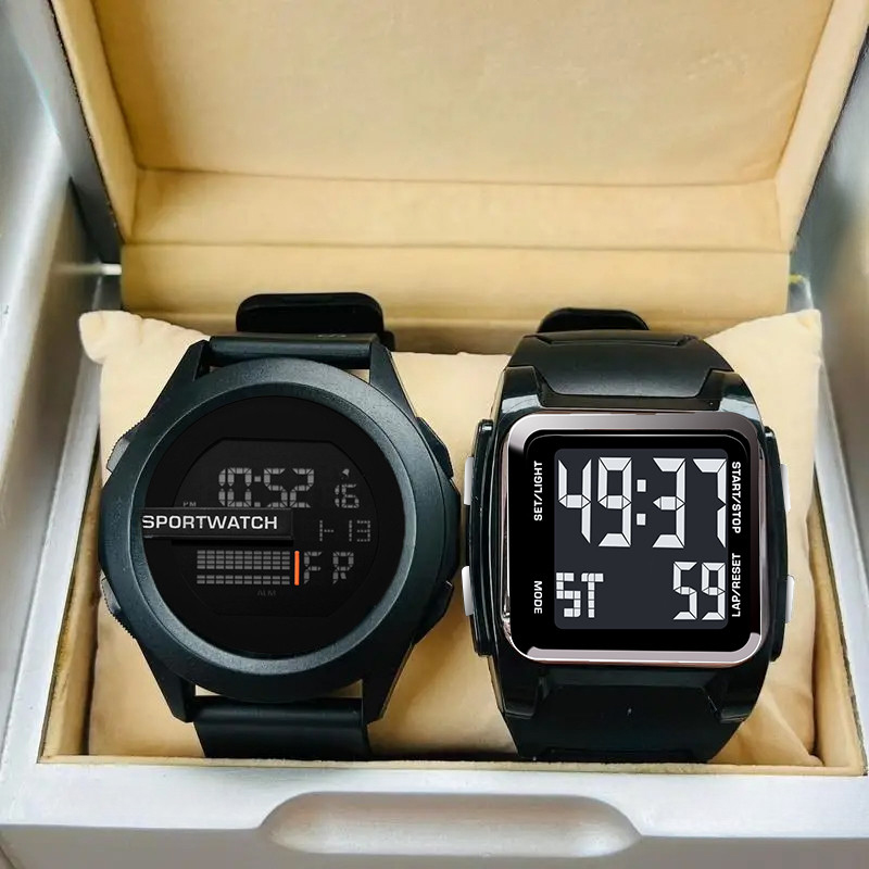 2PCS Men's Waterproof LED Light Watches with Rubber Strap Resin Case ...