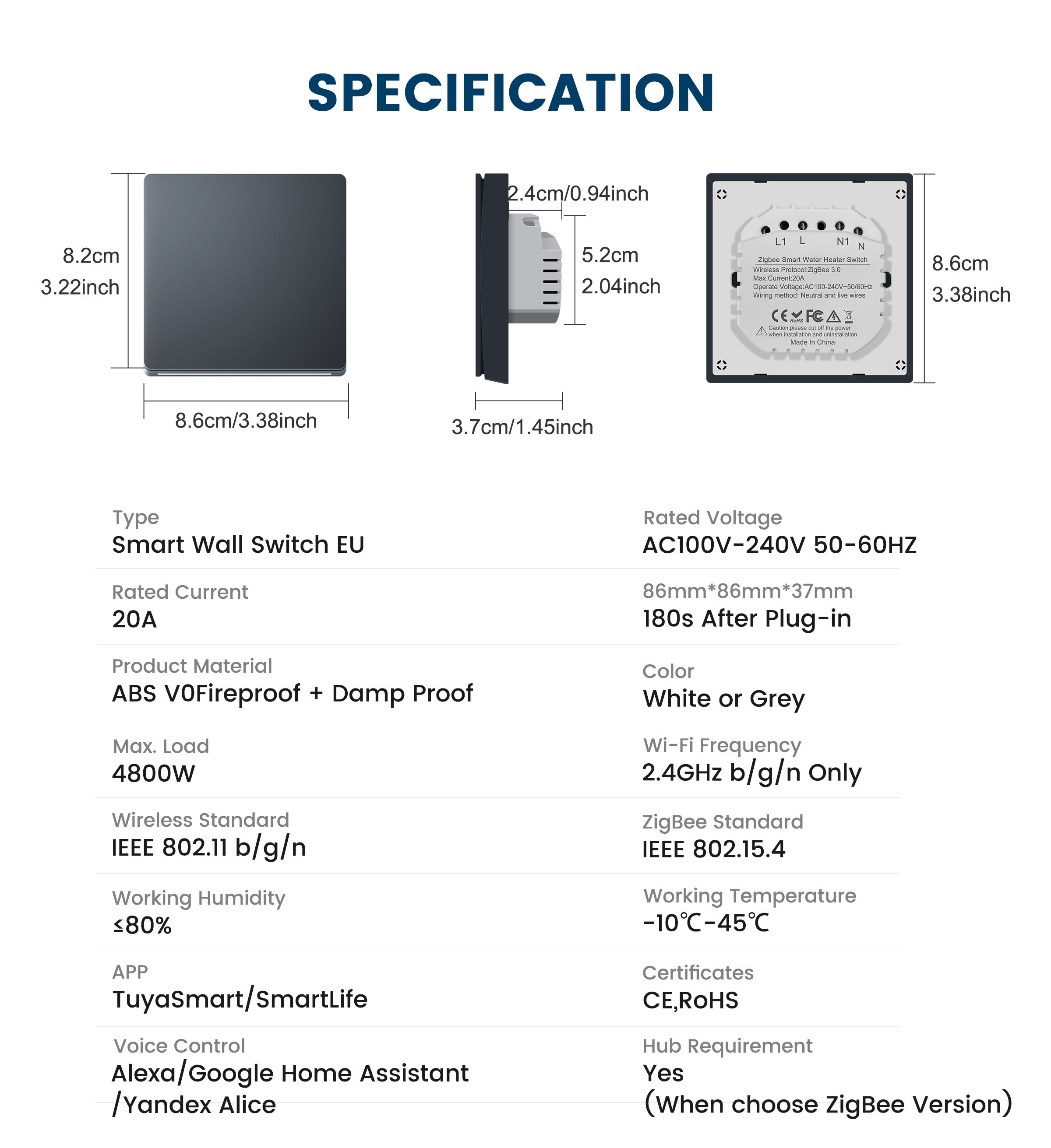 GIRIER Tuya Smart Water Heater Switch ZigBee/WiFi 20A Push Button ...