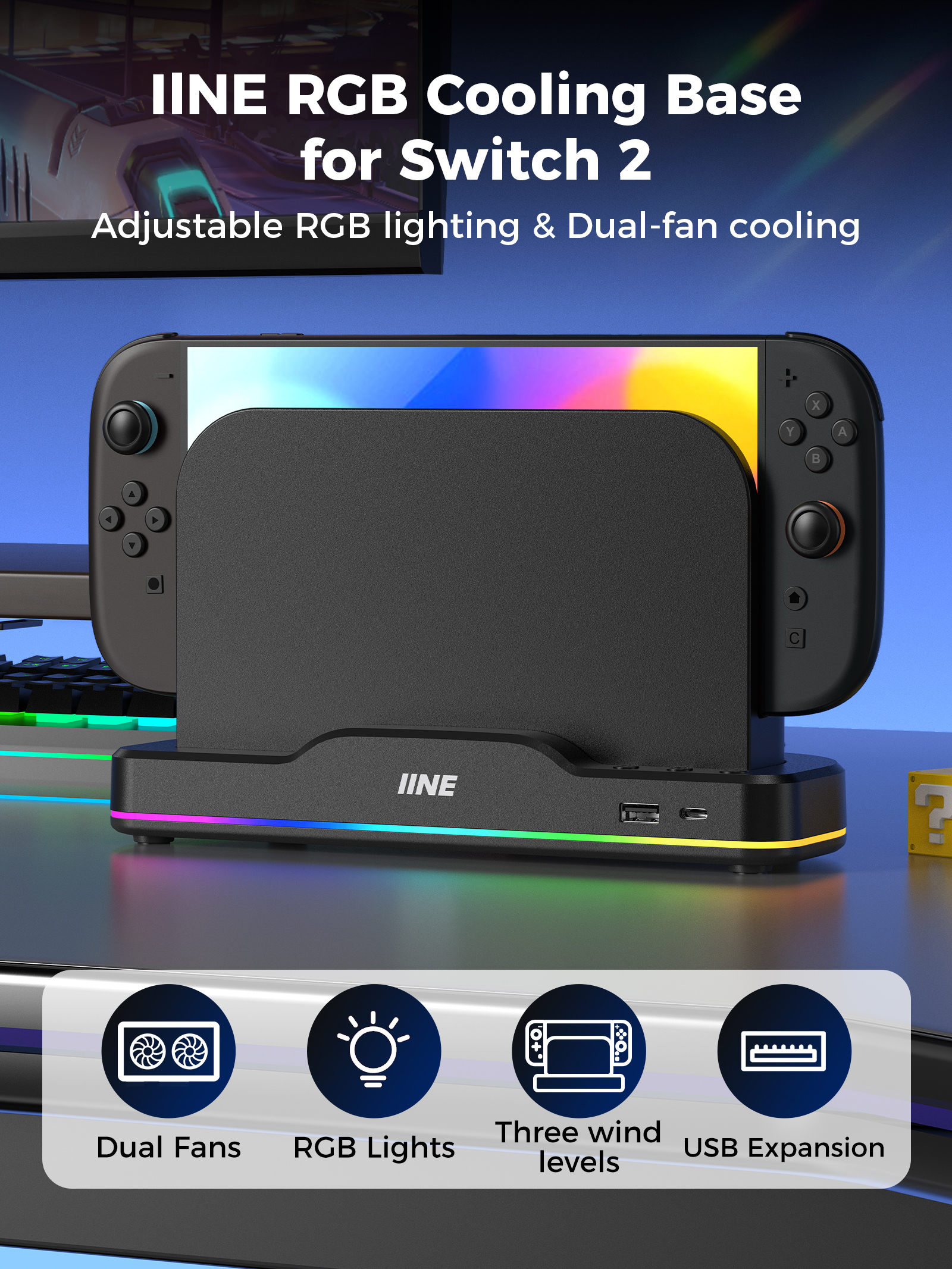 IINE Cooling Fan for Switch 2 Dock/RGB Lighting,Perfect Fit,Dual Fans ...