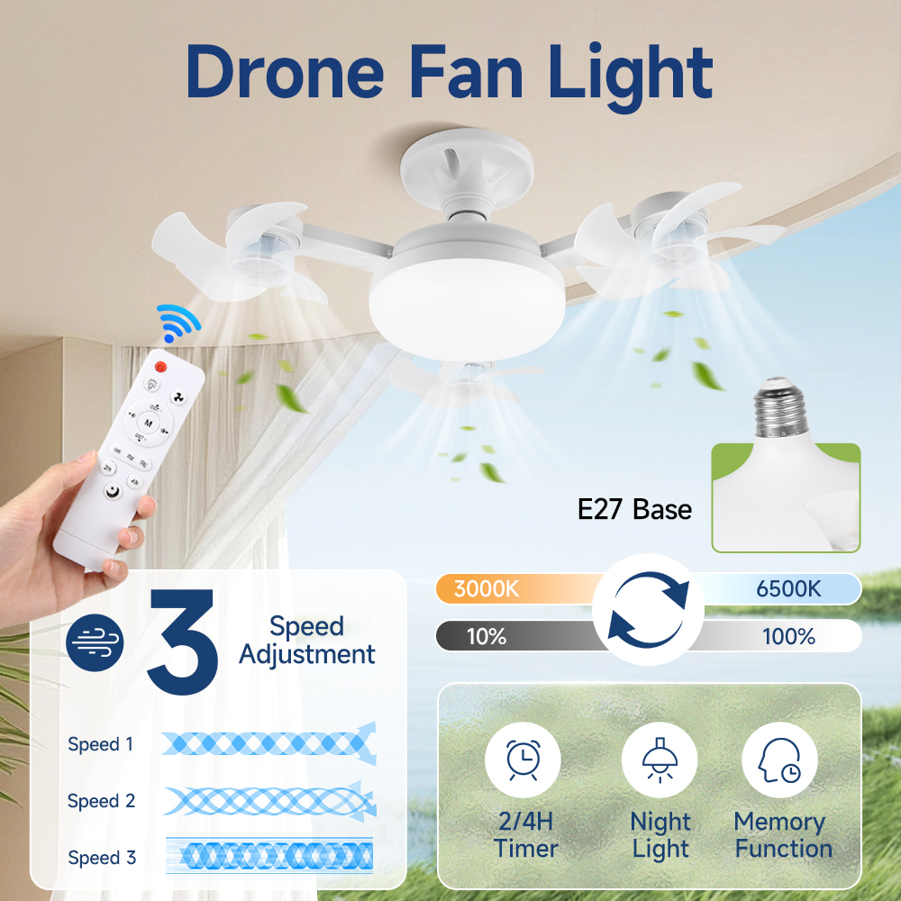 LED Ceiling Light With Drone Fan Remote Control Silent E27 Dimming Fan ...