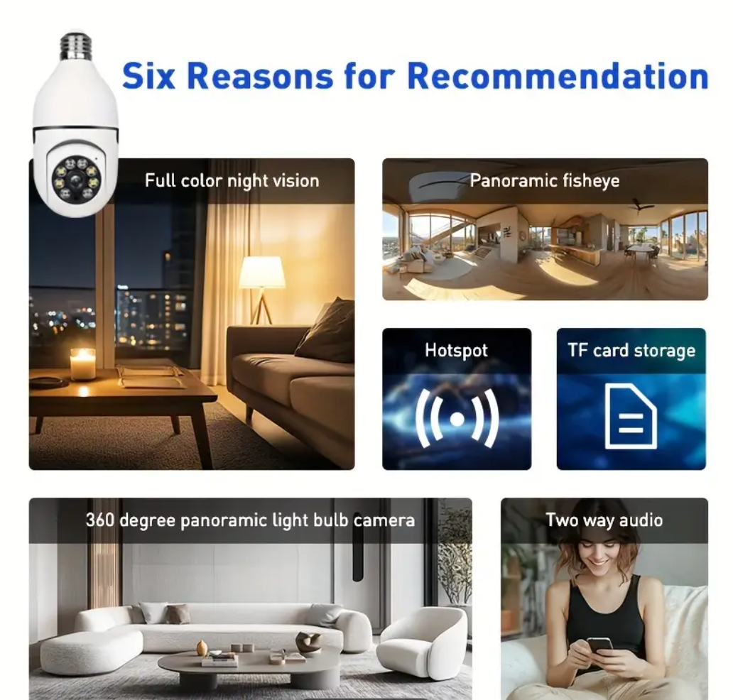 Wireless Ip Wifi Security Lamp Camera, 360° Night Vision, Full Hd ...