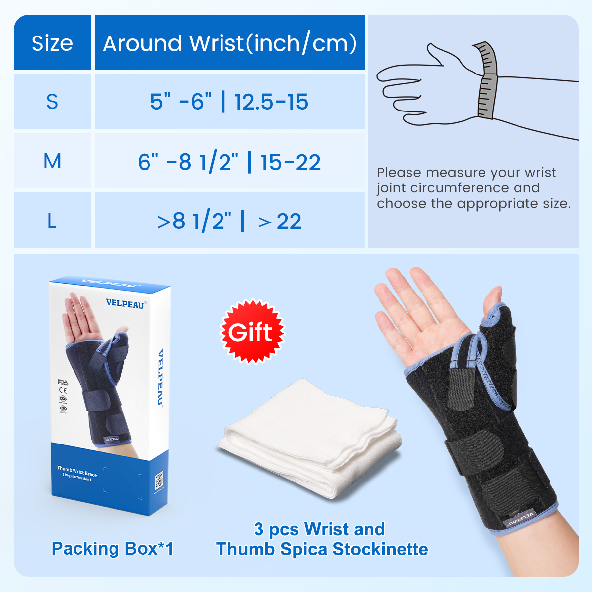 VELPEAU Wrist Support with Thumb Spica Splint for De Quervain's ...