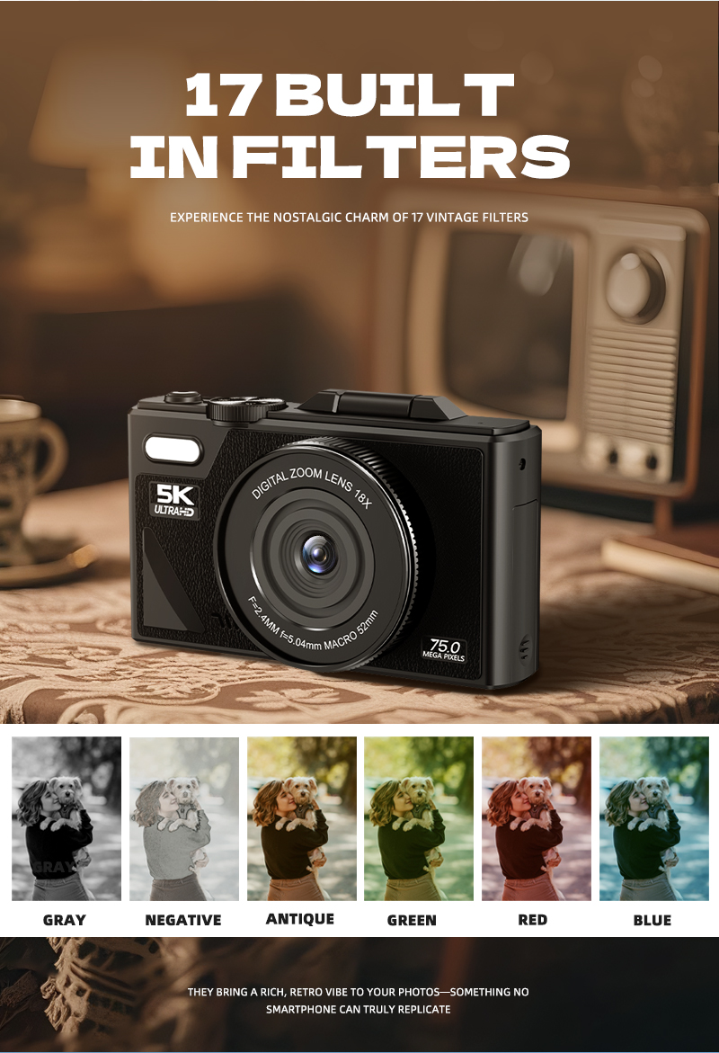KiTBEEZ KP-2 75MP 5K Digital Camera 180° Flip Selfile Screen 18X Zoom ...