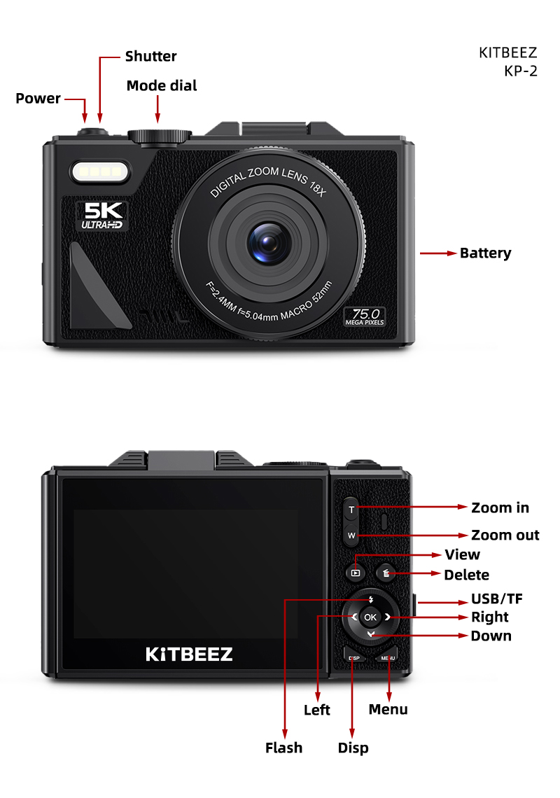 KiTBEEZ KP-2📷75 Megapixel Digital Camera 5K Video 18X Zoom 180° Flip ...