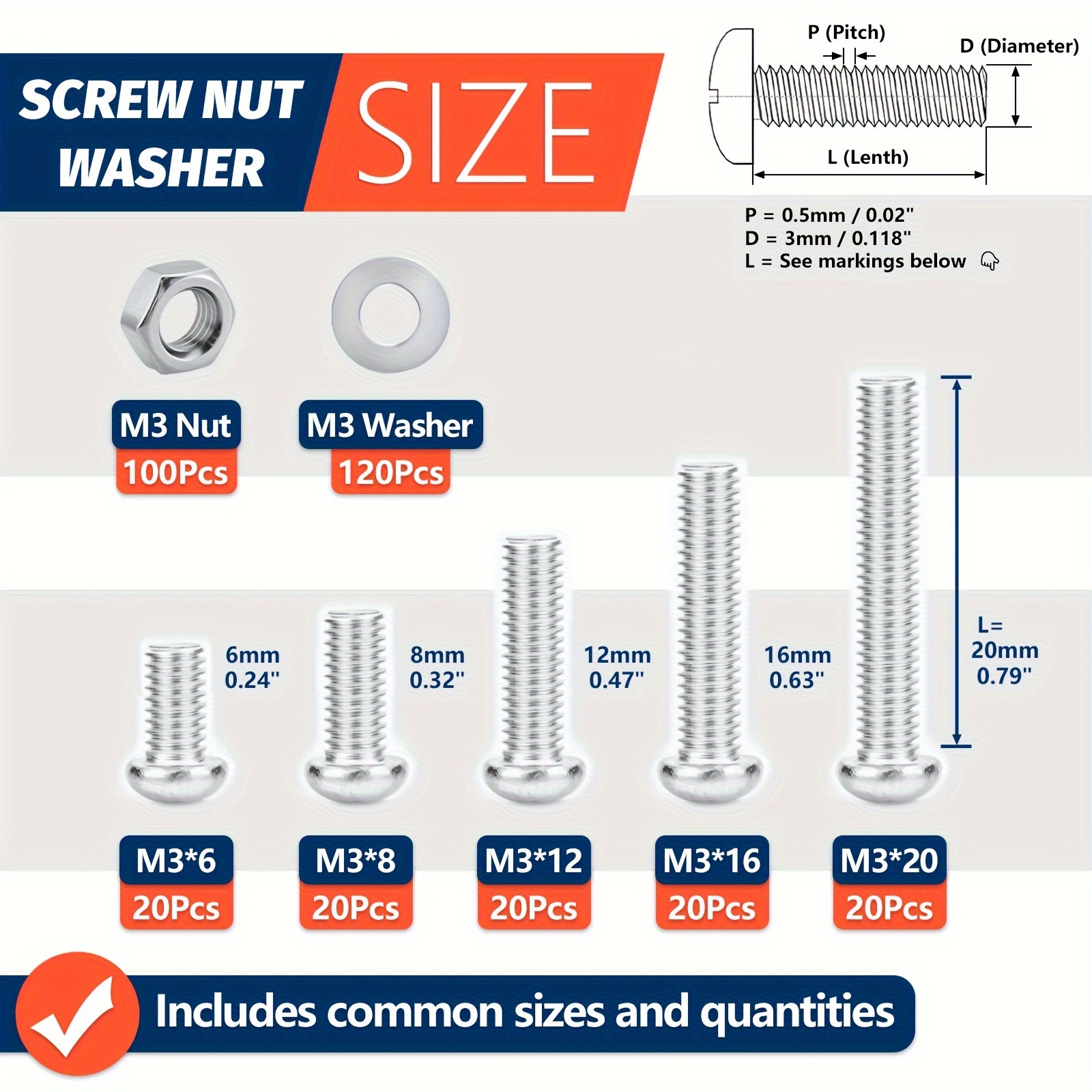 M3 Screws Bolts Nuts And Washers Assortment Kit Metric Phillips Pan ...
