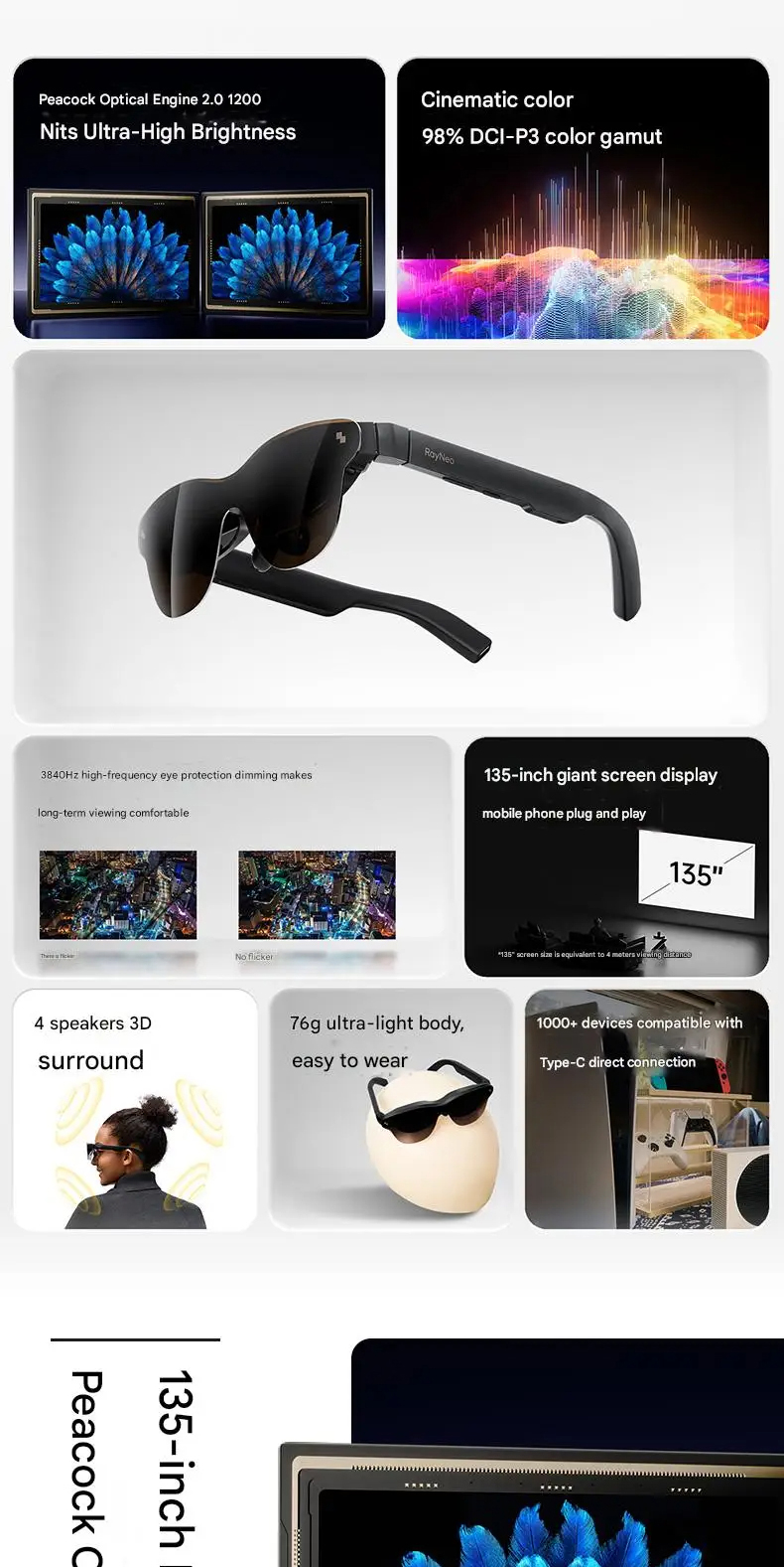 2025 New RayNeo Air 3S Pro - Smart AR Glasses HD Movie Viewing 3D 135-inch Screen 1200 Nits High ...