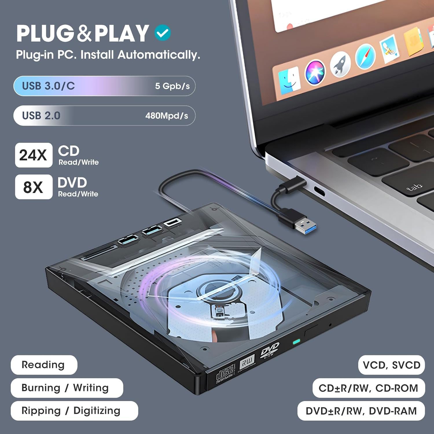 External CD DVD Drive with USB 3.0/2.0/Type-C Ports and SD Card Slot ...