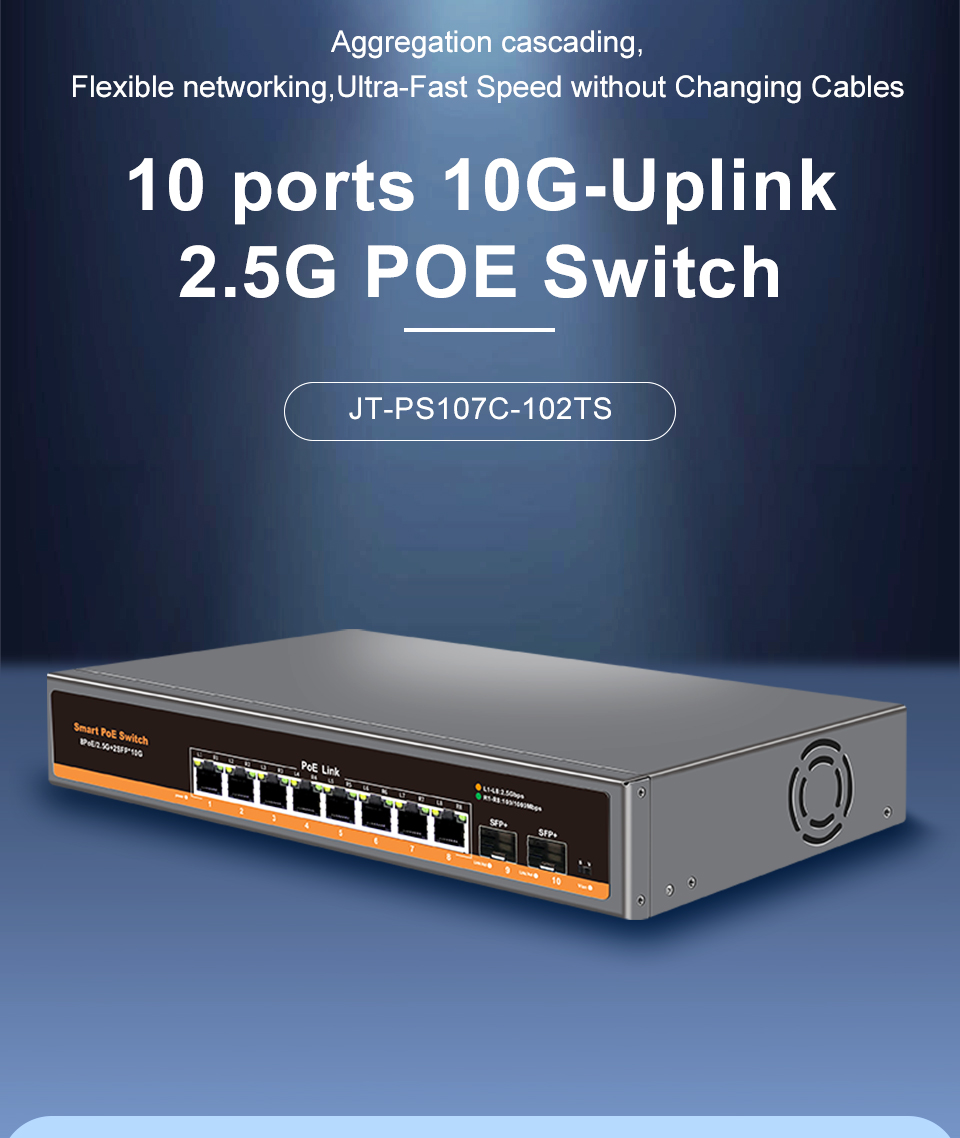 JT-COM 10-Port 10G Uplink 2.5G PoE Ethernet Switch, 2×10G SFP+ Ports, 8 ...