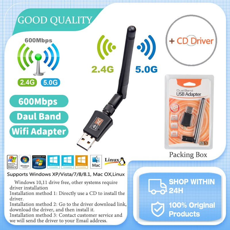 Wireless WiFi Adapter 802.11AC 600Mbps Dual Band 2.4G+5GHz USB Receiver ...