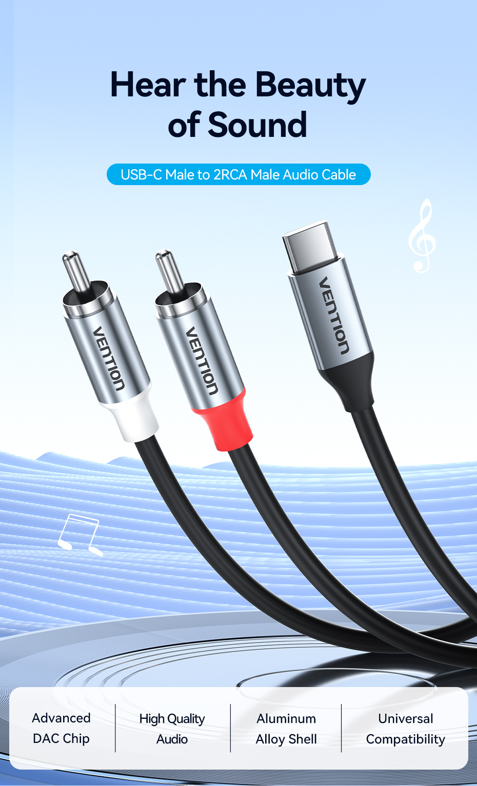 Vention USB-C to 2RCA Audio Cable, Type-C to Dual RCA Stereo Adapter ...
