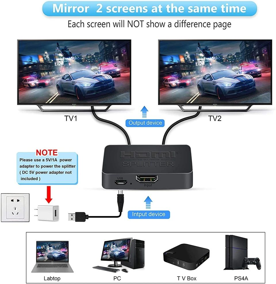 New Full HD 4K 1080P 1x2 HDMI Splitter 3D 1 in 2 Out Amplifier for Dual ...