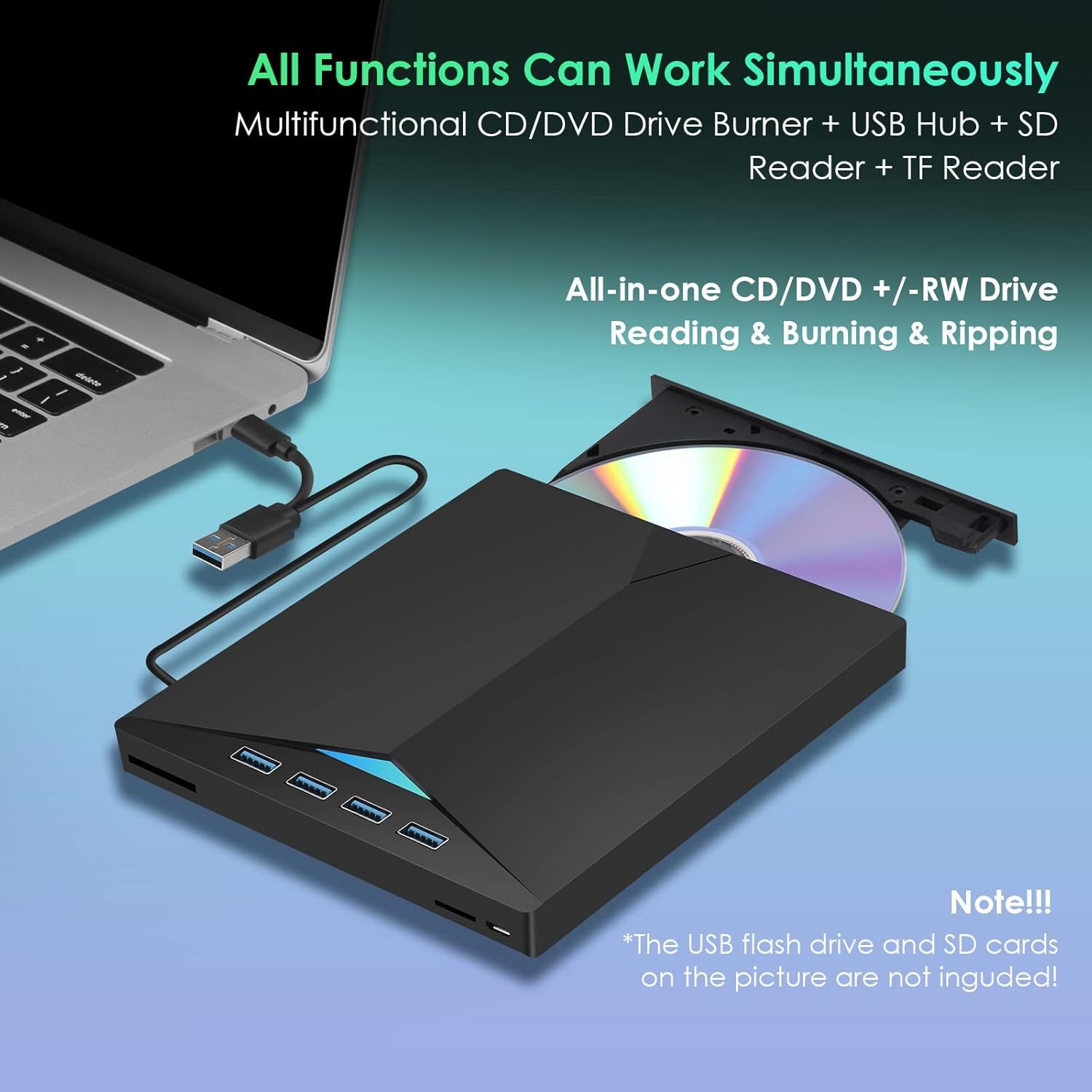 External CD/DVD Drive for Laptop - 7 in 1 USB 3.0 DVD Player for Laptop ...