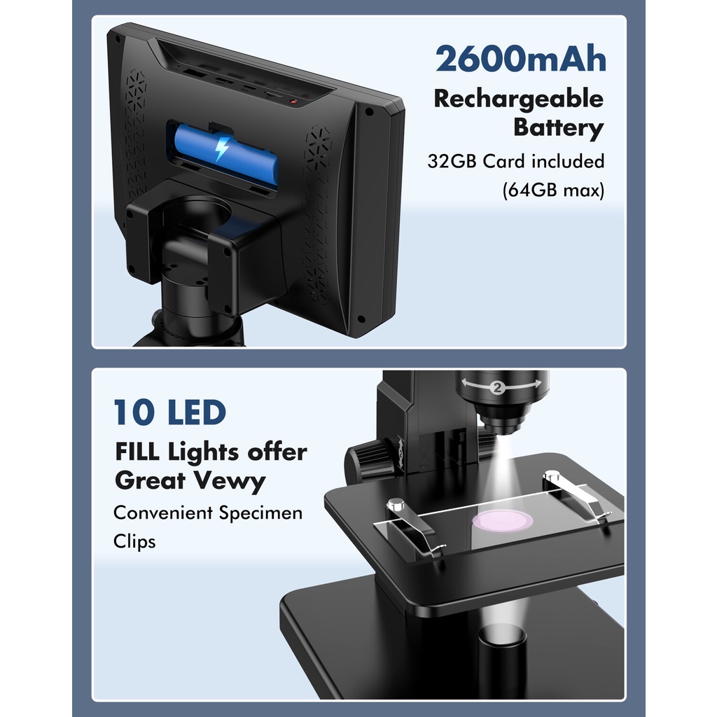 Elikliv EDM11S Rechargeable 7" LCD Digital Cell Microscope with Remote ...
